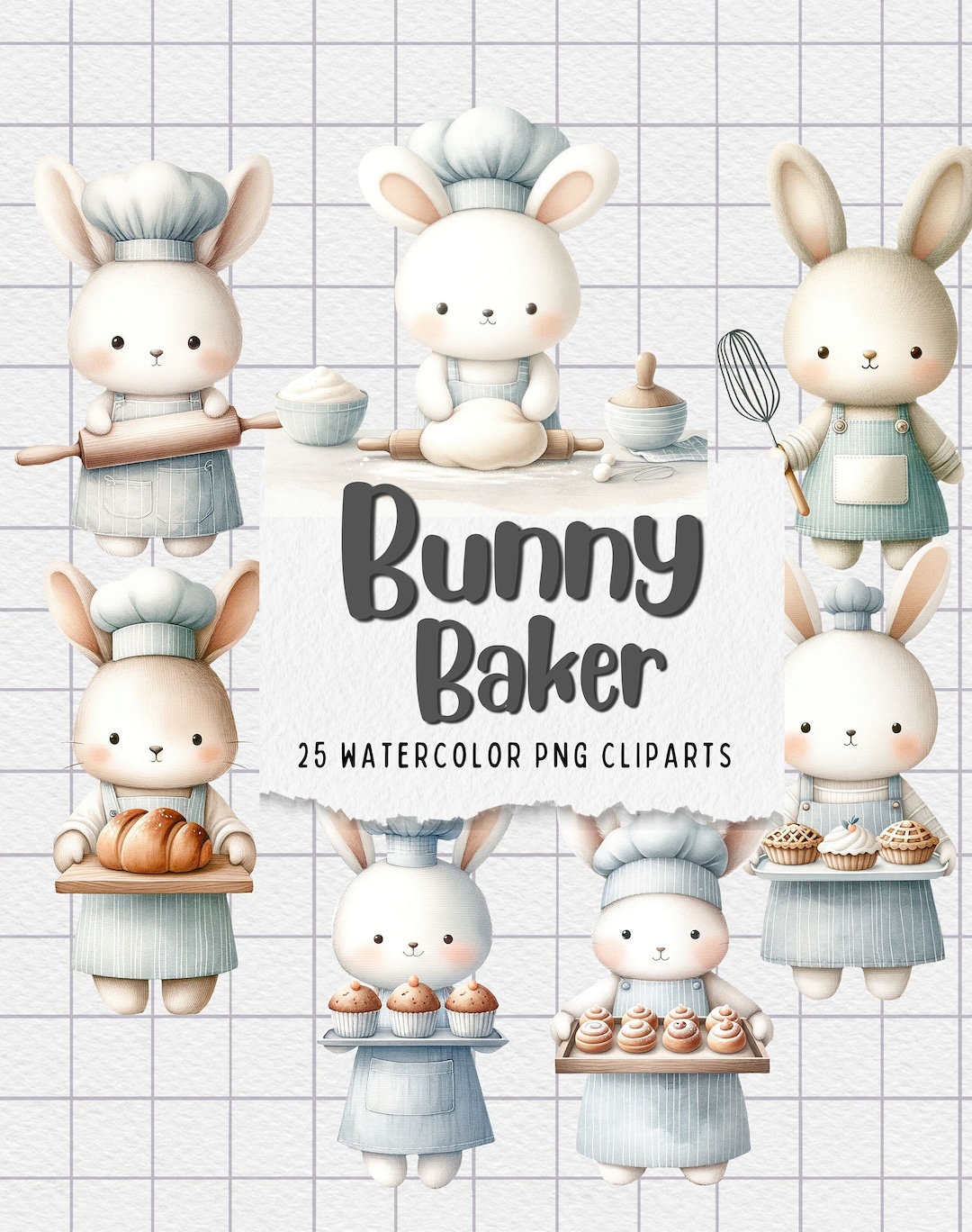 Charming Bunny Baker Cliparts - 25 Watercolor Kitchen Pngs for Crafting ...