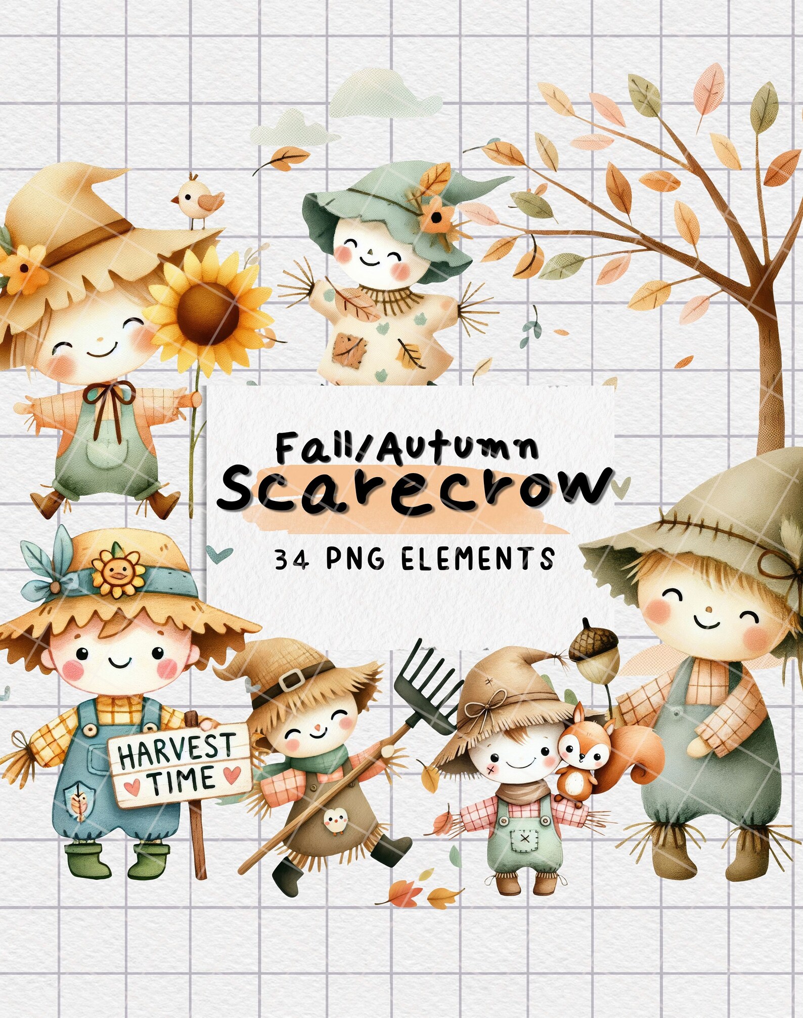 Happy Scarecrow Harvest Clipart Fall Fun PNG Harvest PNG Images Kawaii ...