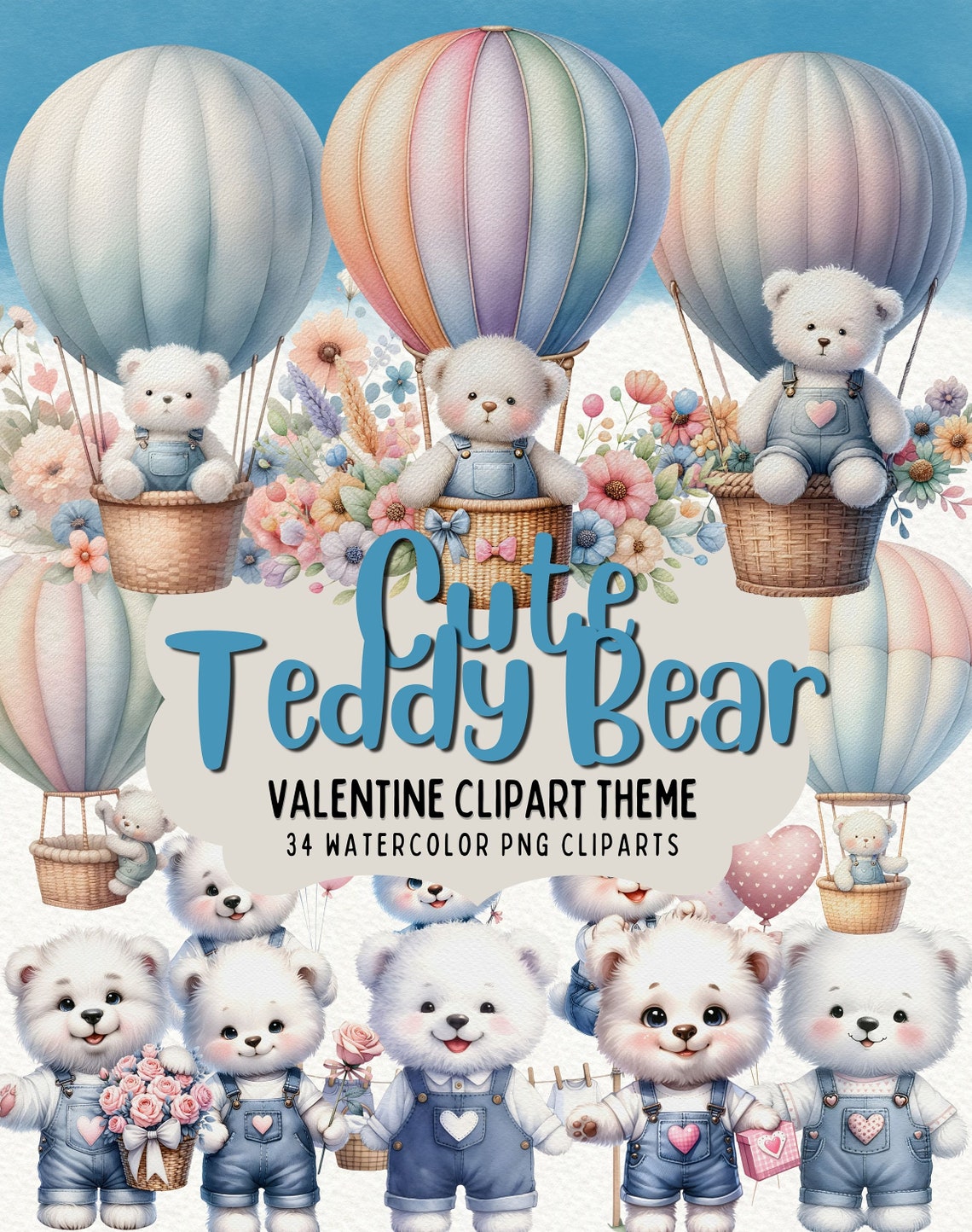 Cute Teddy Bear Watercolor Valentines Clipart - Instant Download PNG ...