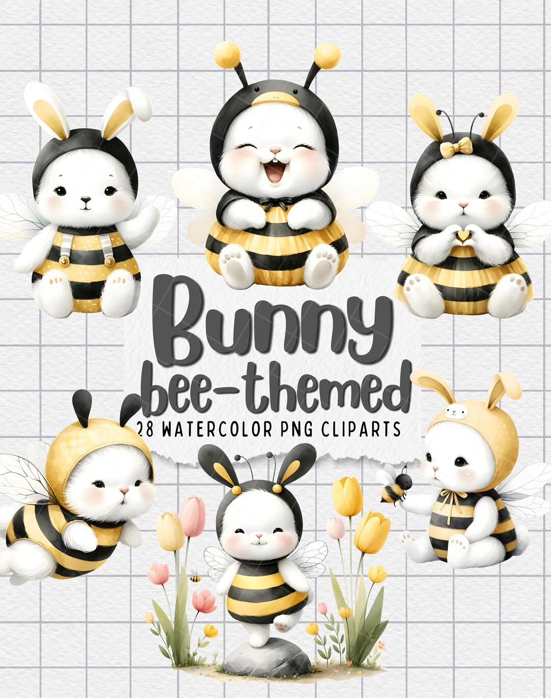 Bunny Bee-themed Watercolor Clipart - Cute Bumblebee Rabbit ...