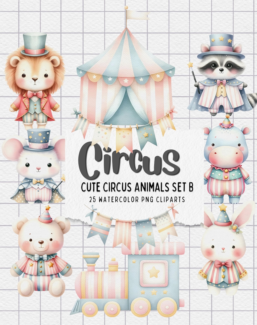 Circus Watercolor Clipart PNG Set B - Adorable Animals and Cheerful ...