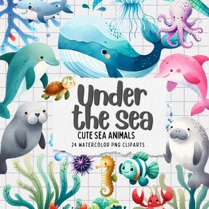Under the Sea Watercolor Clipart - 24 Collection Cute Ocean Animals PNG ...