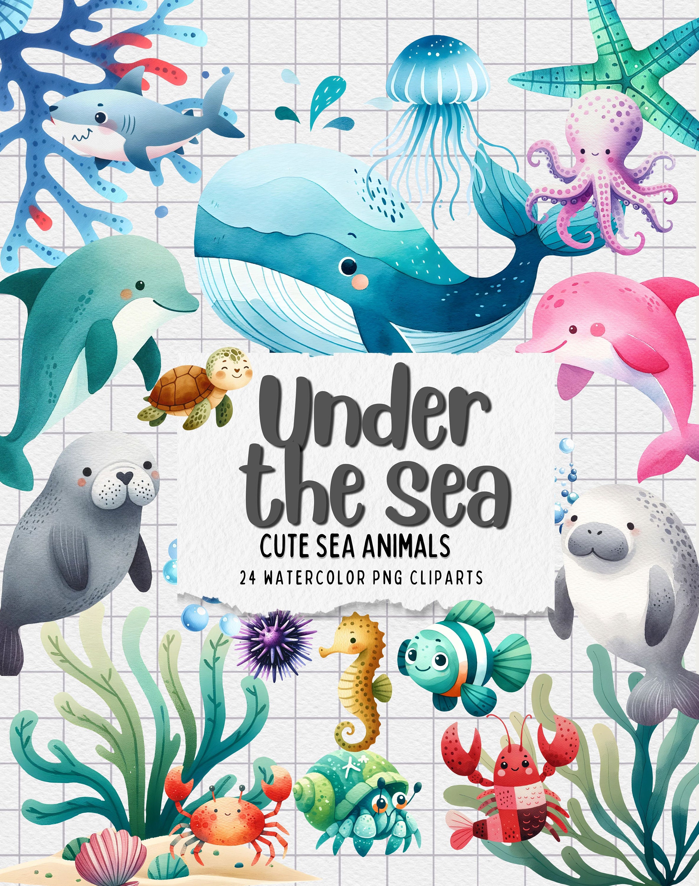 Under the Sea Watercolor Clipart - 24 Collection Cute Ocean Animals PNG ...