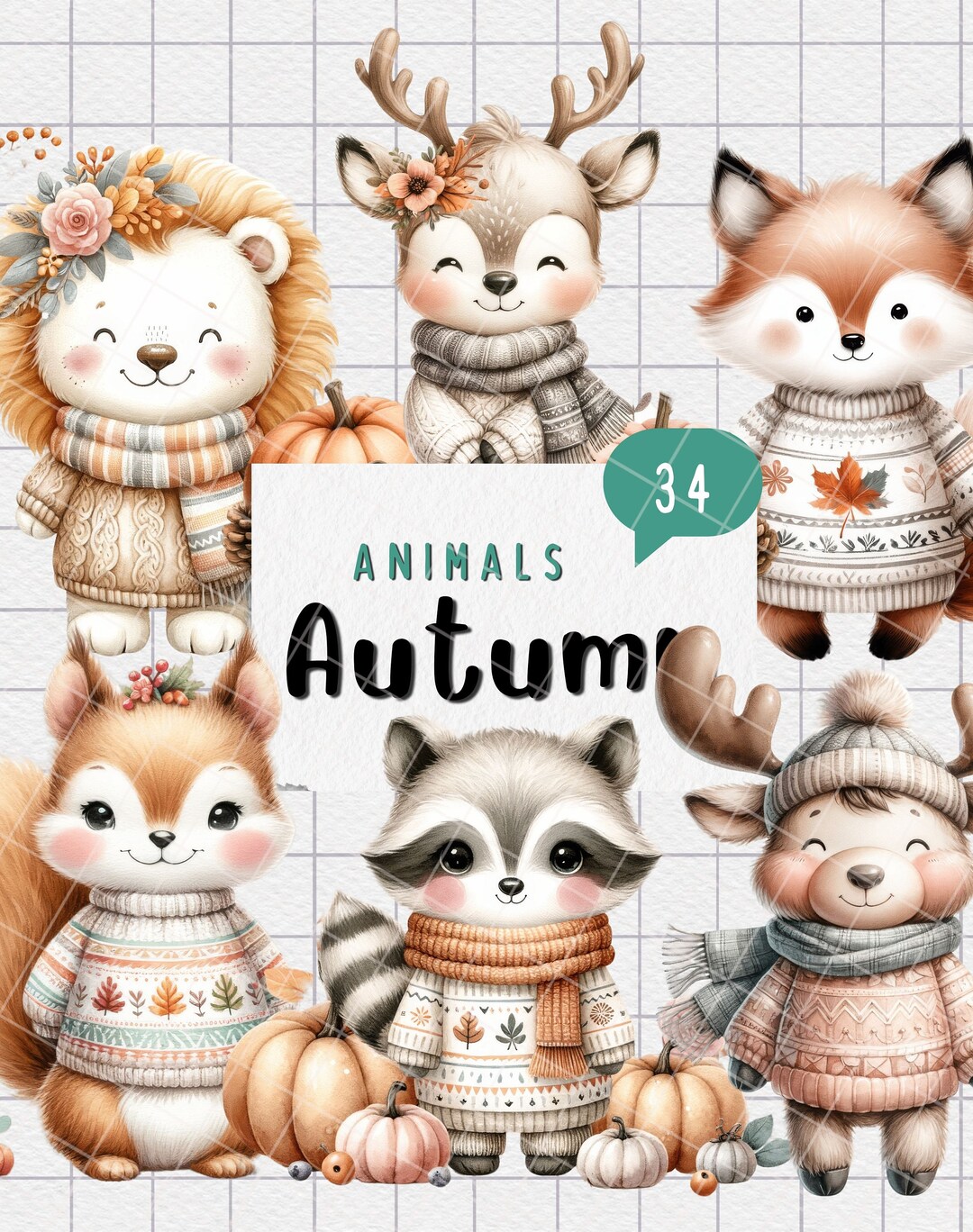 Animals Autumn Set A Clipart - 34 Cute Watercolor Pngs Set Watercolor ...