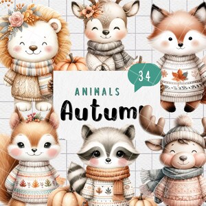 Animals Autumn Set A Clipart - 34 Cute Watercolor Pngs Set Watercolor ...