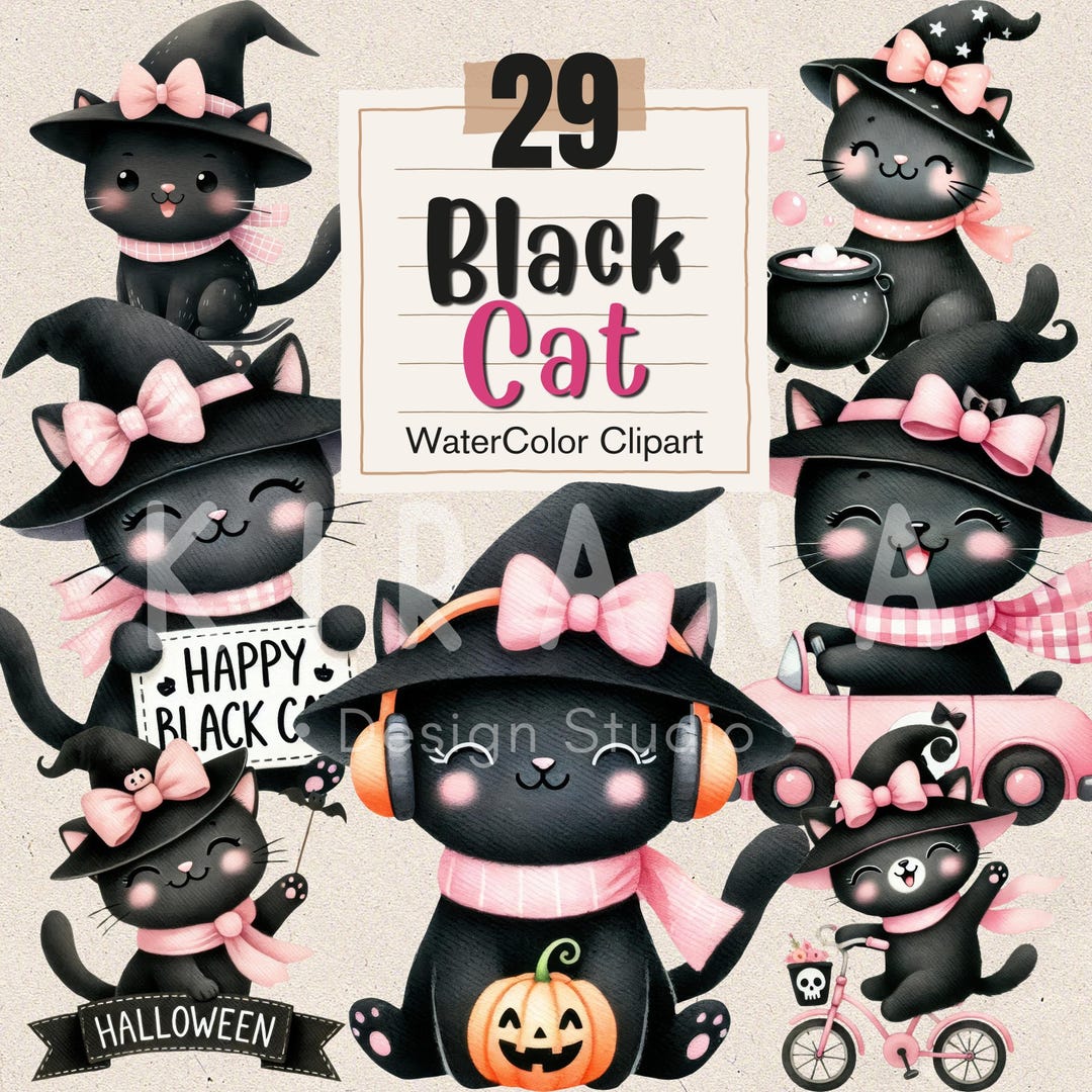 29 Black Cat Watercolor Clipart Set | Cute Halloween Witch Cats ...