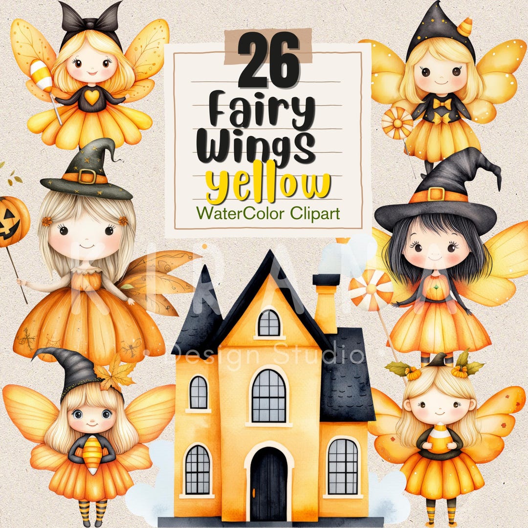 Halloween Fairy Clipart Set - 26 PNG Elements, Cute Fairy Yellow ...