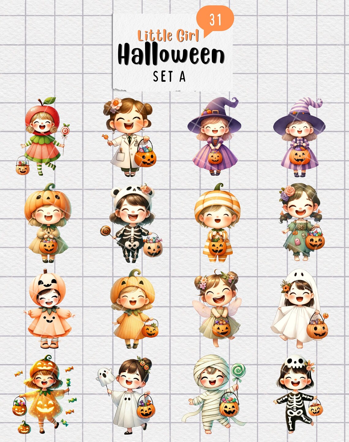 Halloween Little Girl Clipart Set A Cute Cartoon Characters, Digital ...