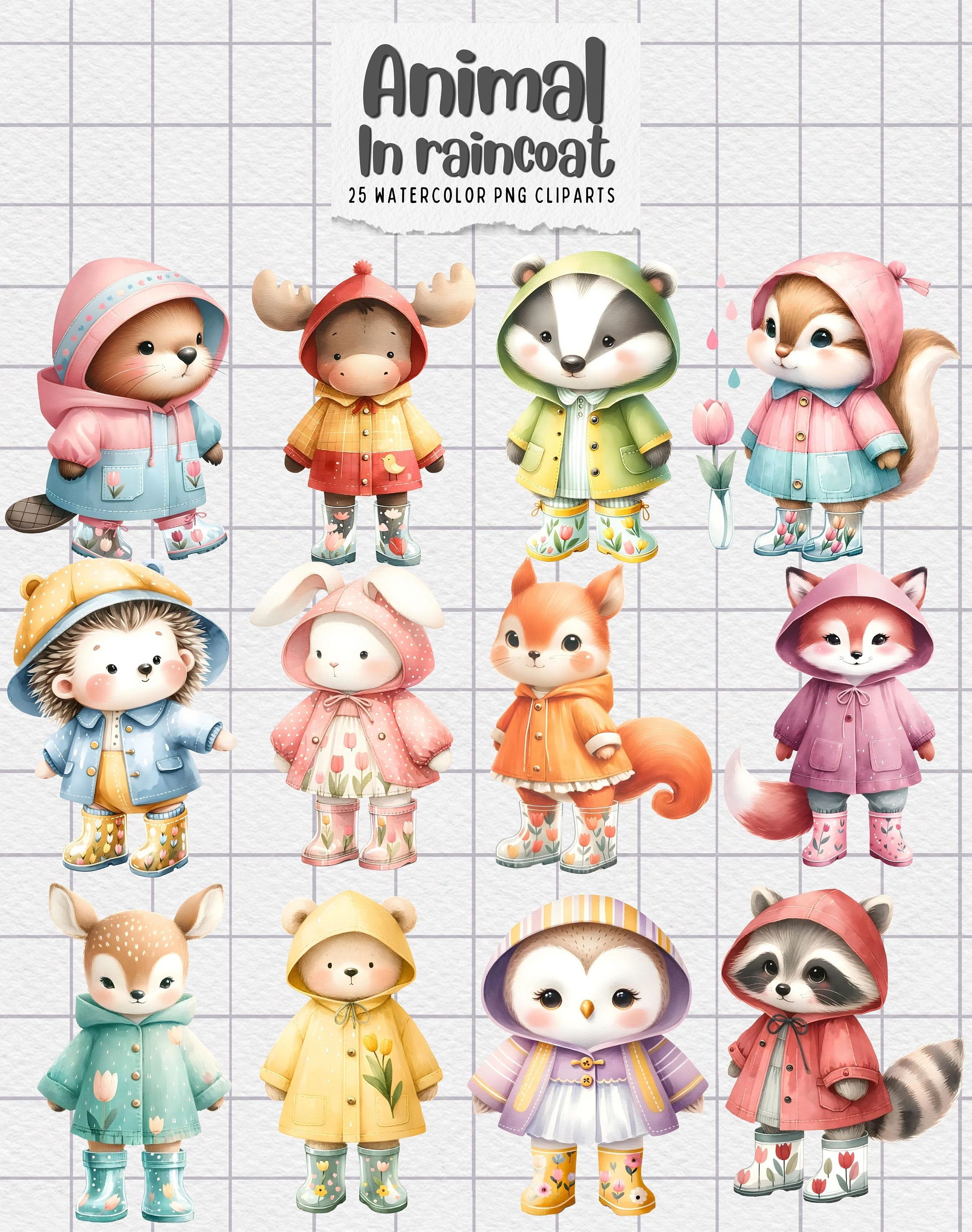 Rainy Day Buddies : Adorable Animals in Raincoats Clipart Set ...