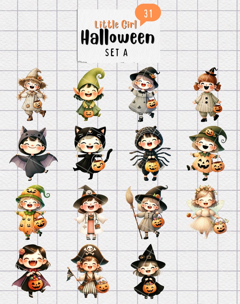 Halloween Little Girl Clipart Set A Cute Cartoon Characters, Digital ...