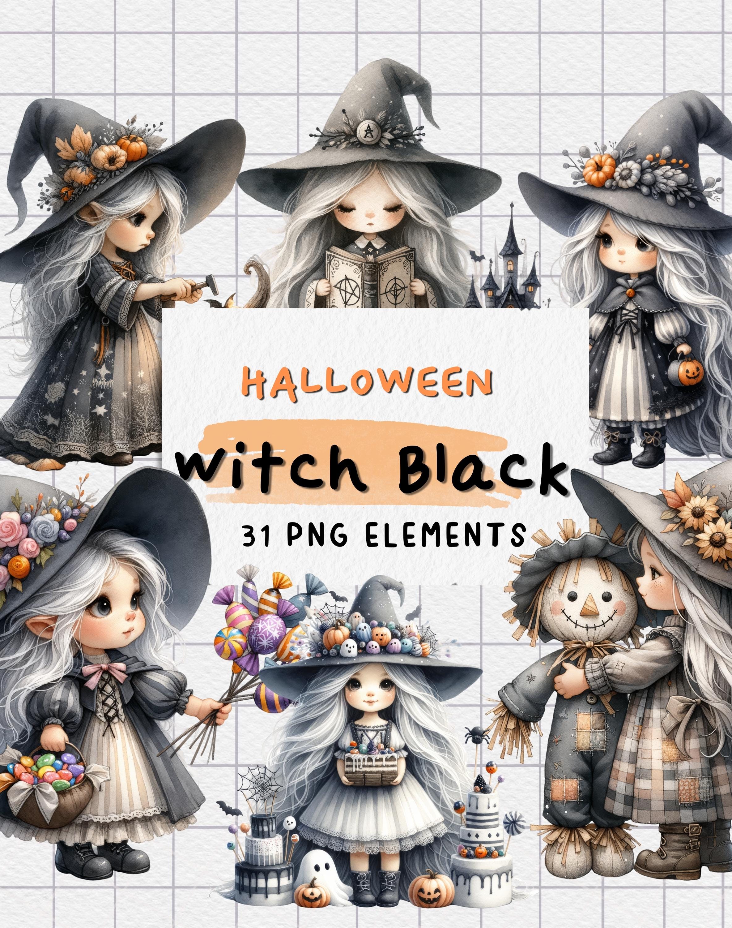 Halloween Witch Black Clipart Set 31 PNG Elements, Cute Witch ...