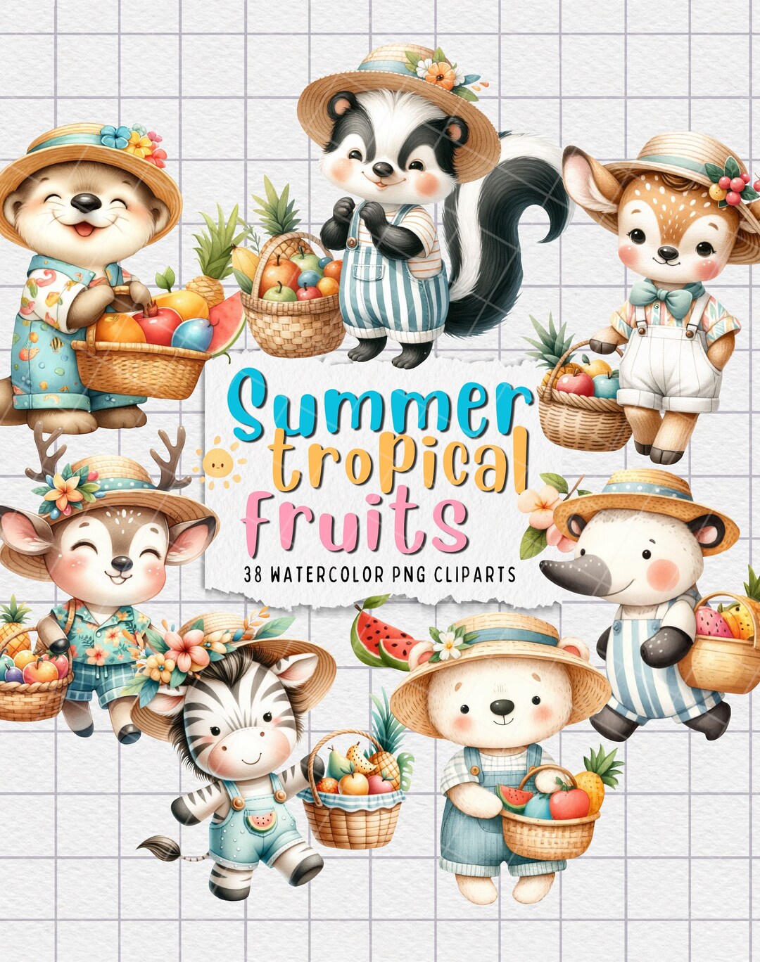 Summer Animals Tropical Fruits Watercolor Clipart, Summer Time PNG ...