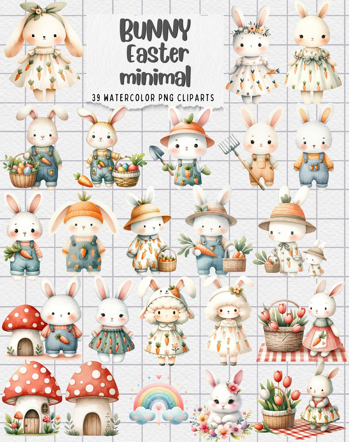 Charming Easter Bunny Clipart Set 39 Whimsical PNG Images for ...
