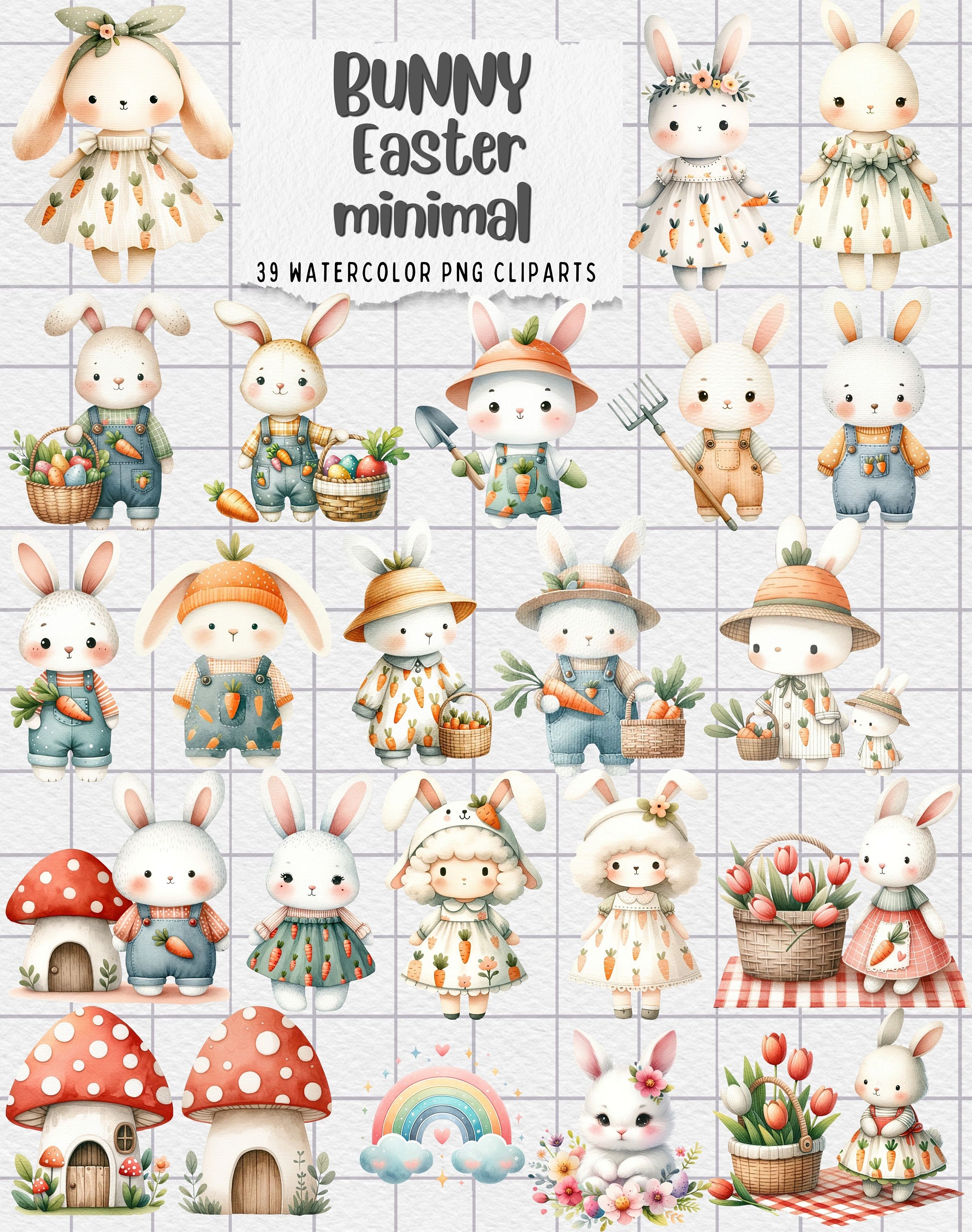Charming Easter Bunny Clipart Set 39 Whimsical PNG Images for ...