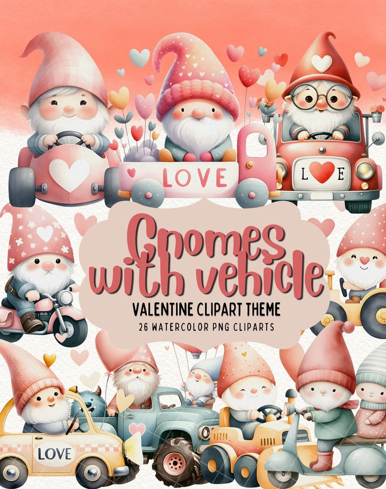 Cute Gnome With Vehicle | Gnome Valentine Watercolor | Clipart for Kids ...