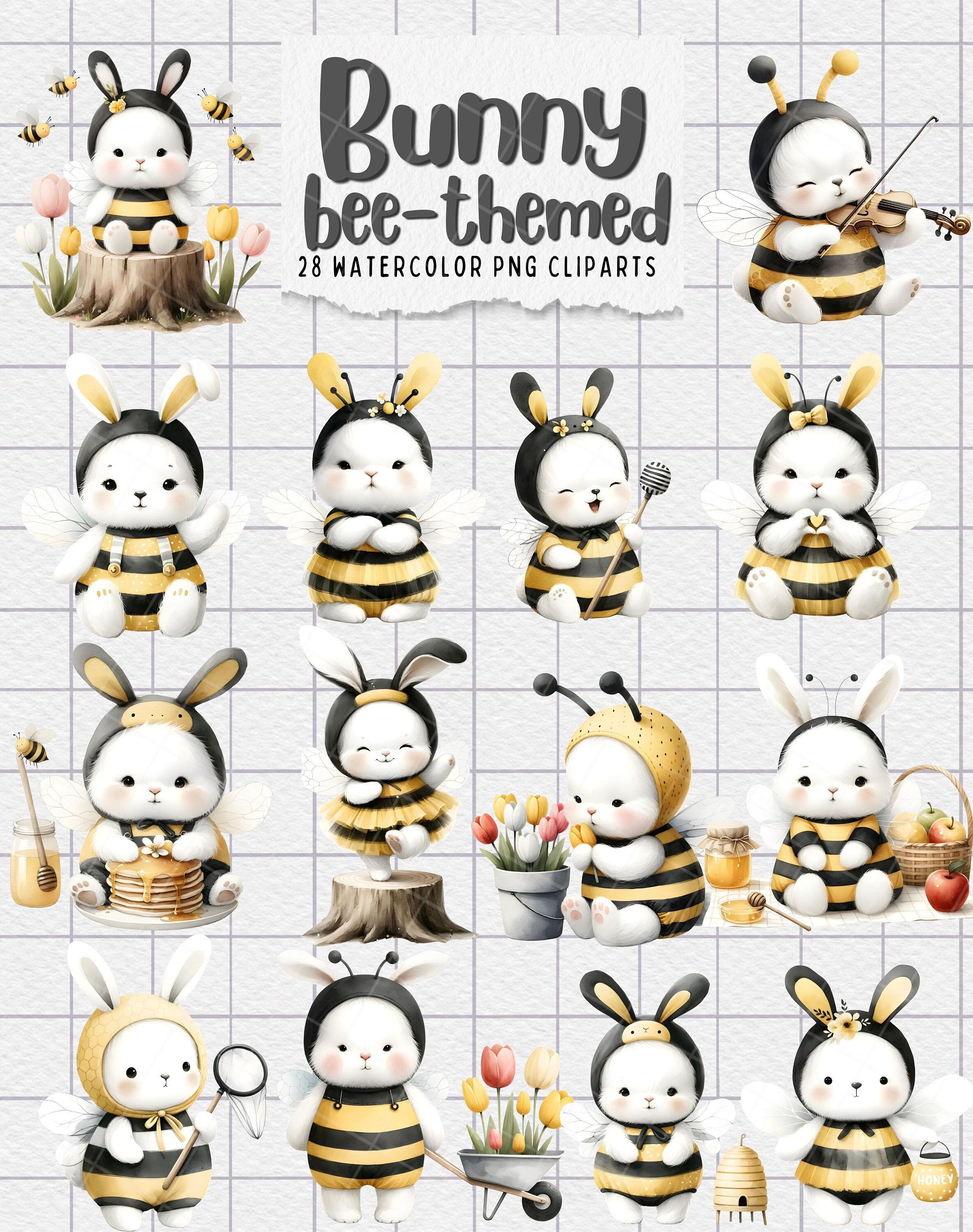 Bunny Bee-themed Watercolor Clipart - Cute Bumblebee Rabbit ...