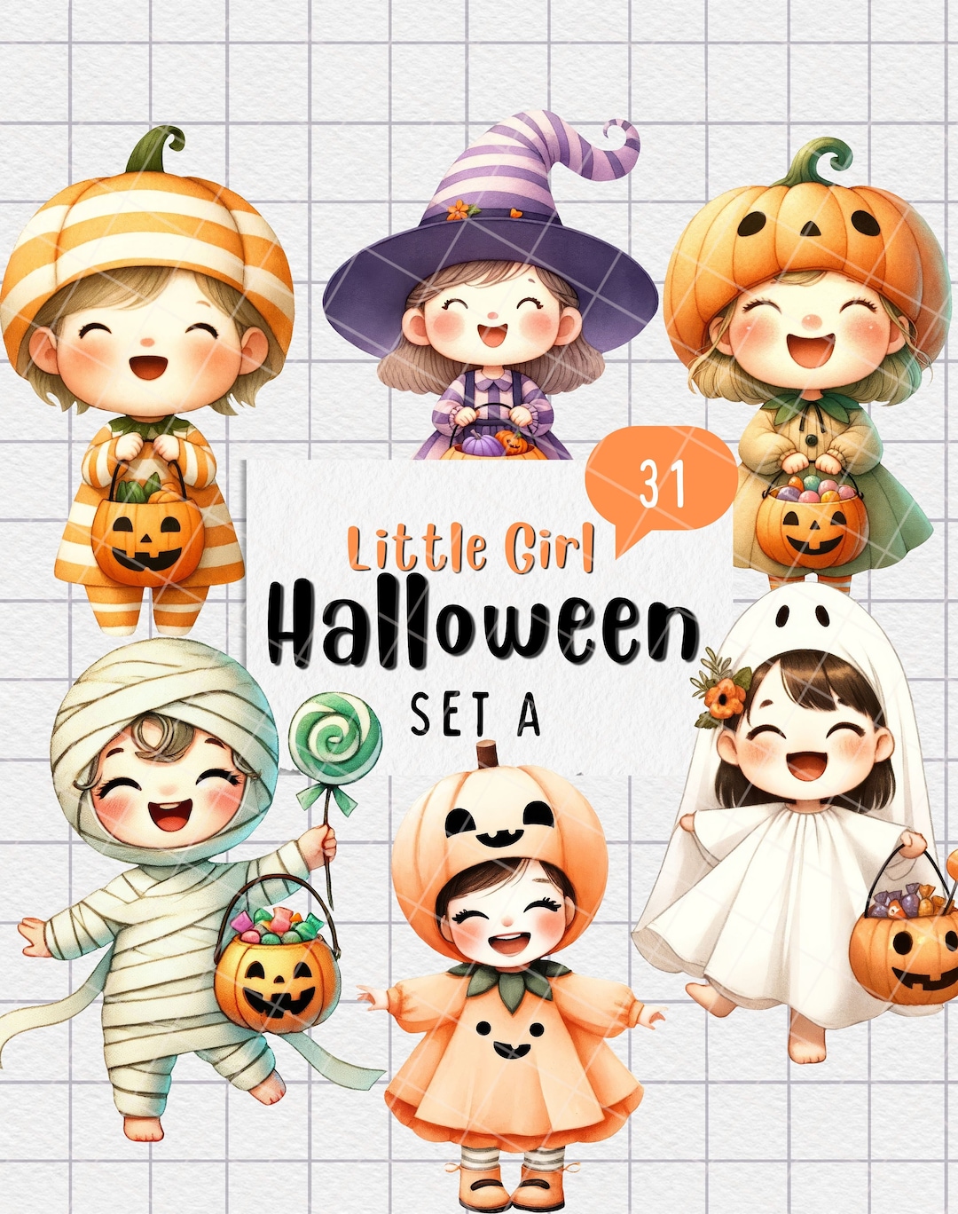 Halloween Little Girl Clipart Set A Cute Cartoon Characters, Digital ...