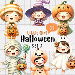 Halloween Little Girl Clipart Set A Cute Cartoon Characters, Digital ...