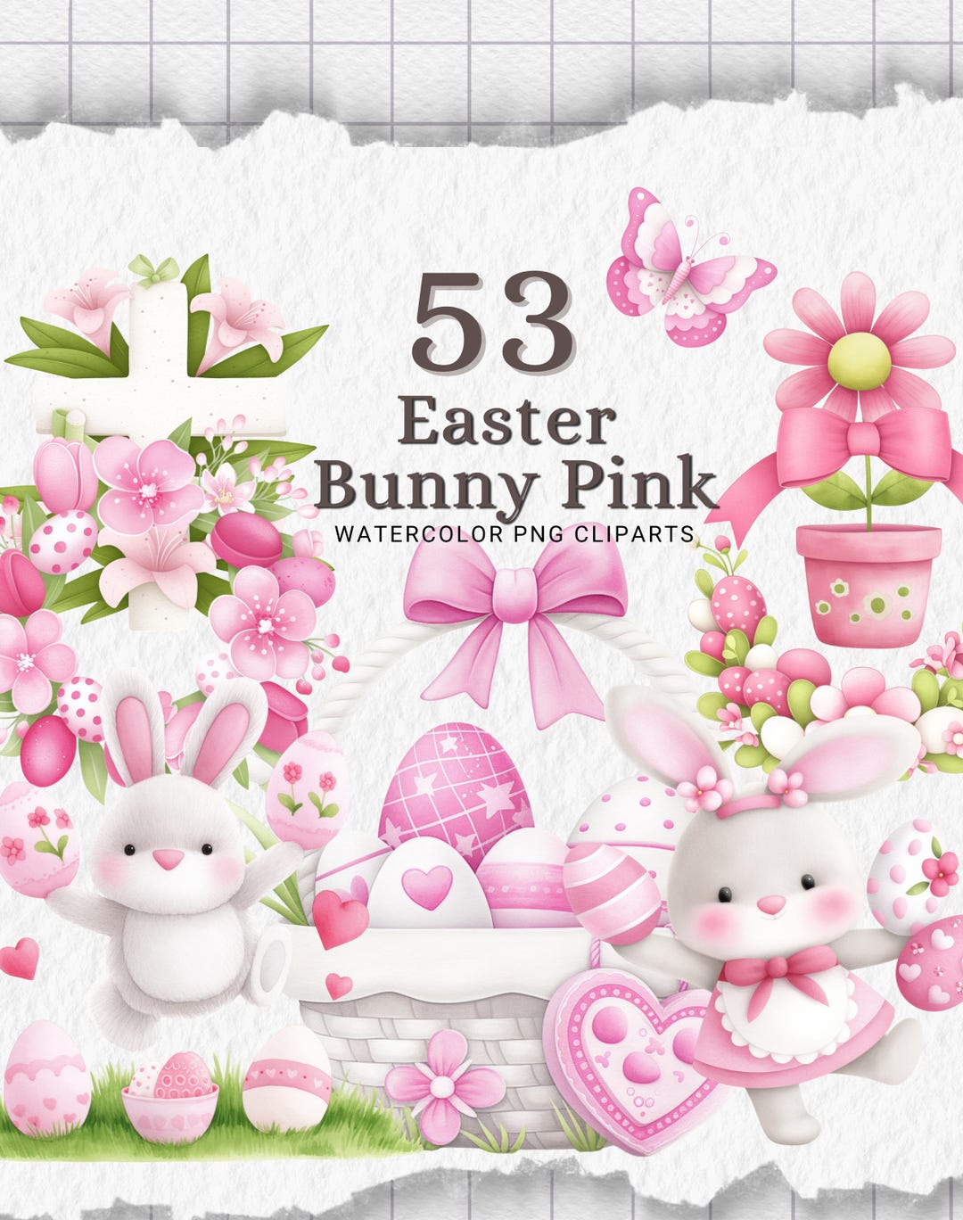 Easter Bunny Pink Clipart Set - 53 Whimsical PNG Images for Springtime ...