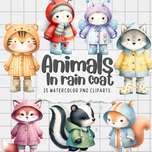 Animals in Raincoat Clipart - Etsy