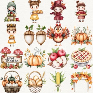 Thanksgiving Watercolor Clipart Set 32 PNG Elements, Cute Harvest ...