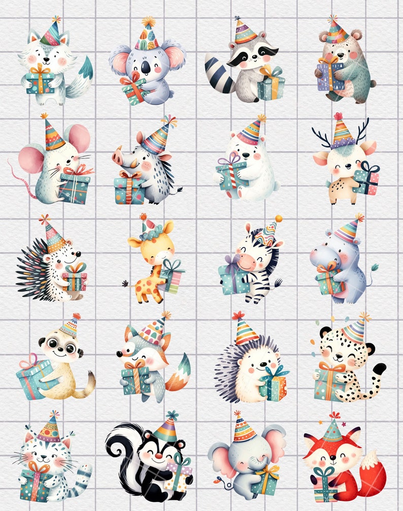 Animals Birthday Gift Clipart 41 Cute Watercolor Pngs Set Watercolor ...
