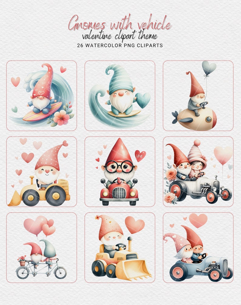 Cute Gnome With Vehicle | Gnome Valentine Watercolor | Clipart for Kids ...
