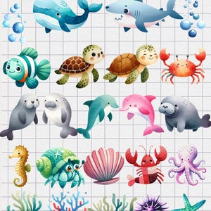 Under the Sea Watercolor Clipart - 24 Collection Cute Ocean Animals PNG ...