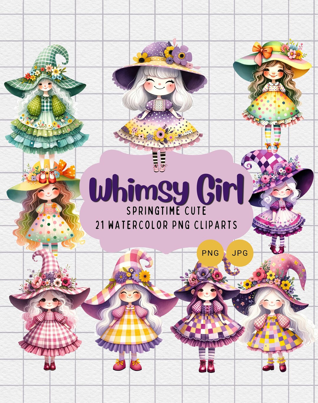 Enchanted Spring Girls Clipart 21 Whimsical Watercolor Pngs Gnome ...