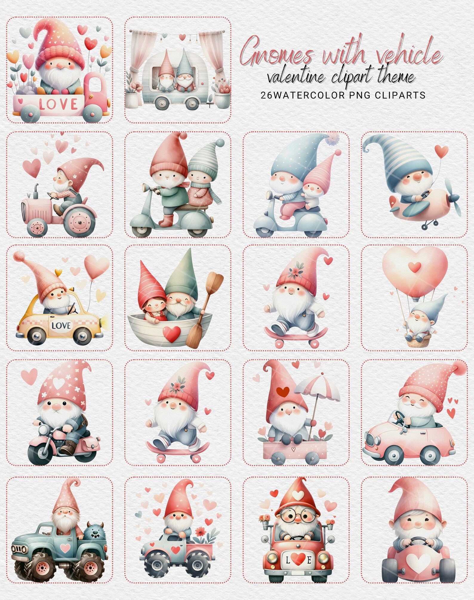 Cute Gnome With Vehicle Gnome Valentine Watercolor Clipart for Kids ...