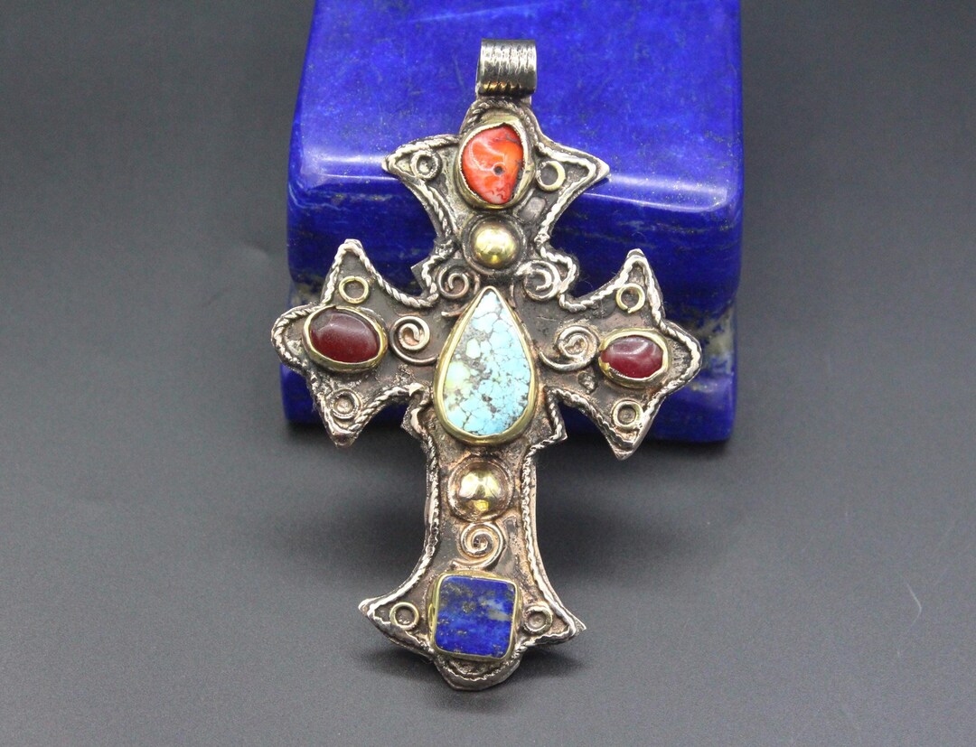 Turkmen Cross Pendant, Turquoise & Lapis Lazuli Stone Cross Pendant ...