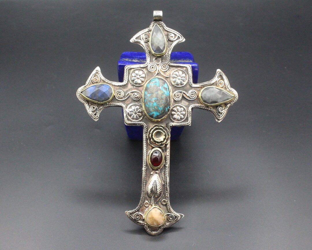 Turkmen Large Cross Pendant, Turquoise Stone Cross Pendant, Colorful ...