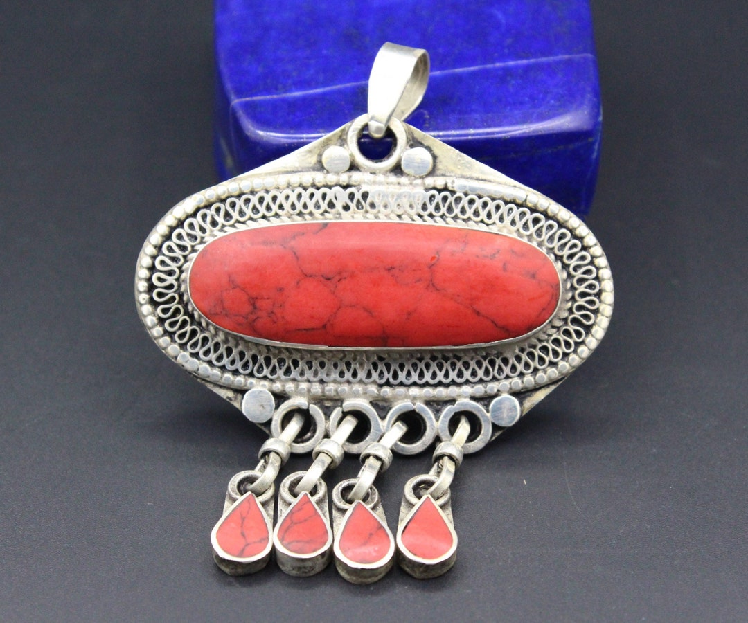 Vintage Turkmen Alpaka Red Enamel Workmanship Pendant, Tassels Pendant ...