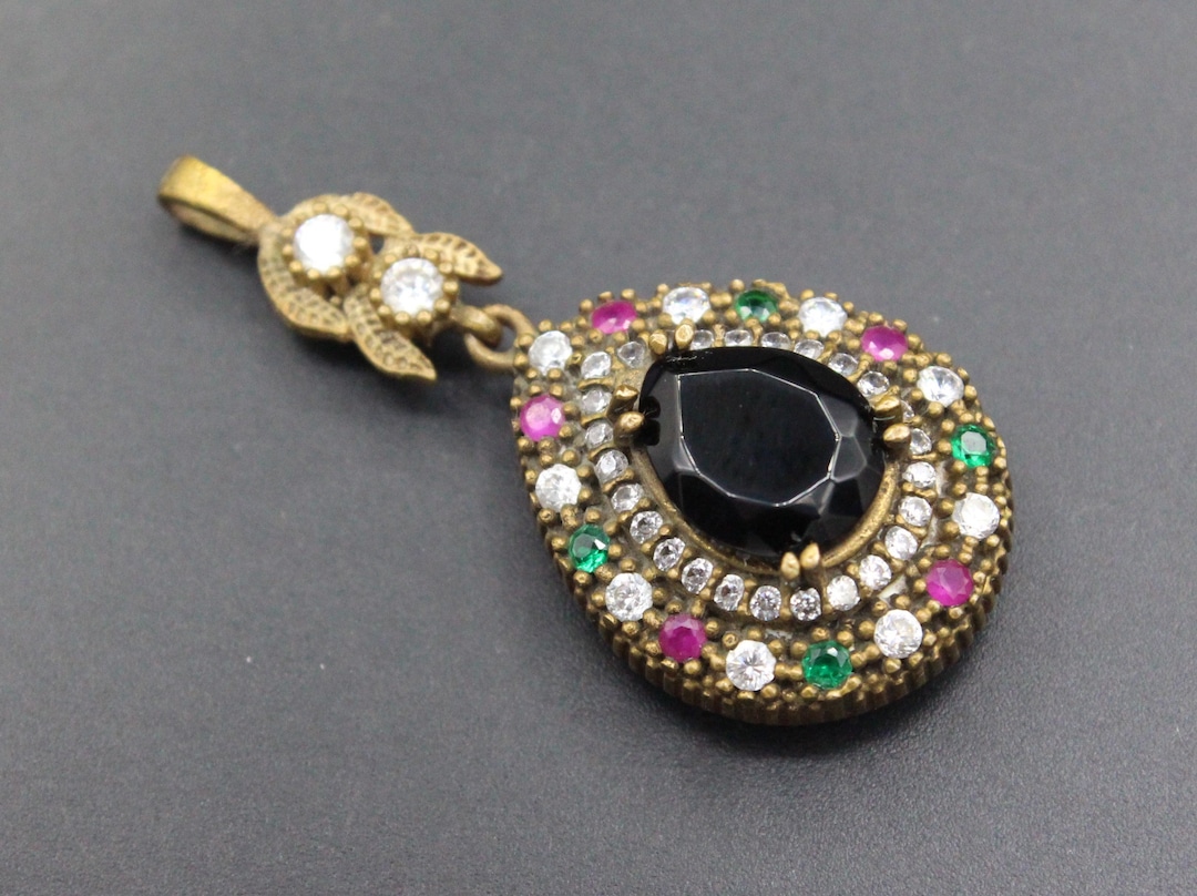 Turkish Sterling Silver & Bronze Pendant, Glass Black Onyx Beads ...