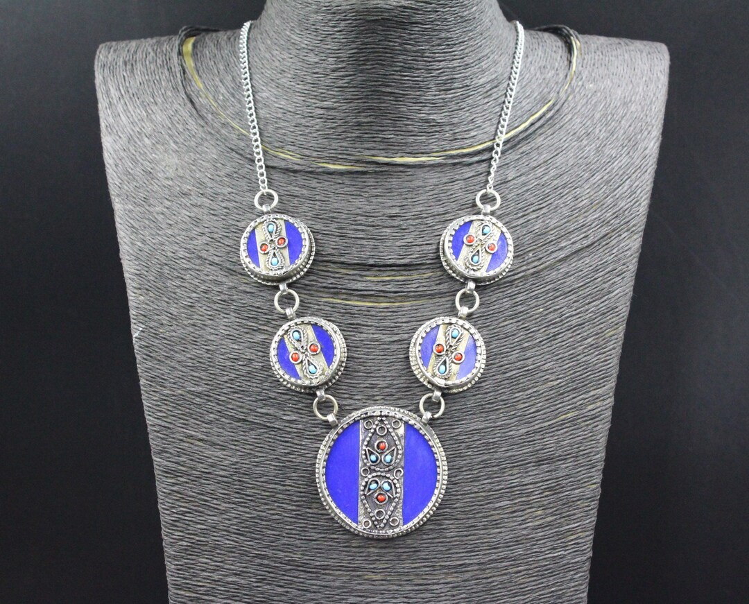 Vintage Uzbek Necklace: Blue Glass Beads, Tribal Charm Chain - Etsy