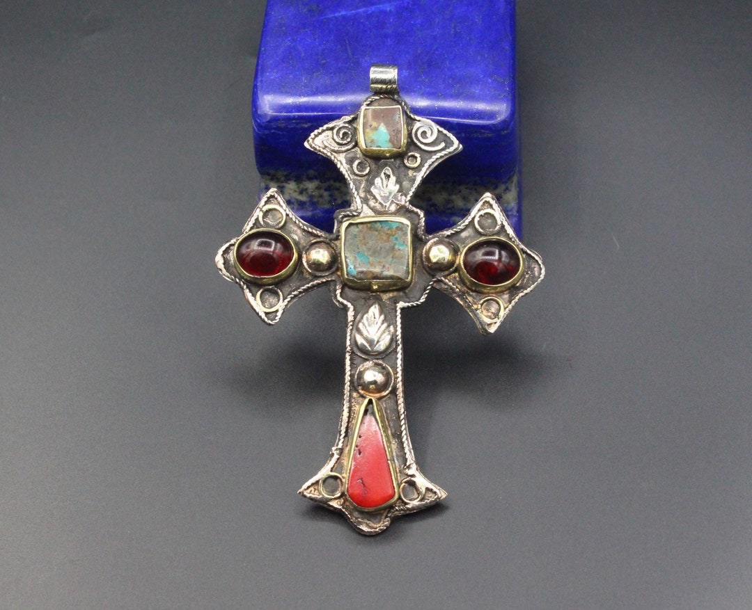 Turkmen Cross Pendant, Turquoise Stone Cross Pendant, Gemstones Beads ...