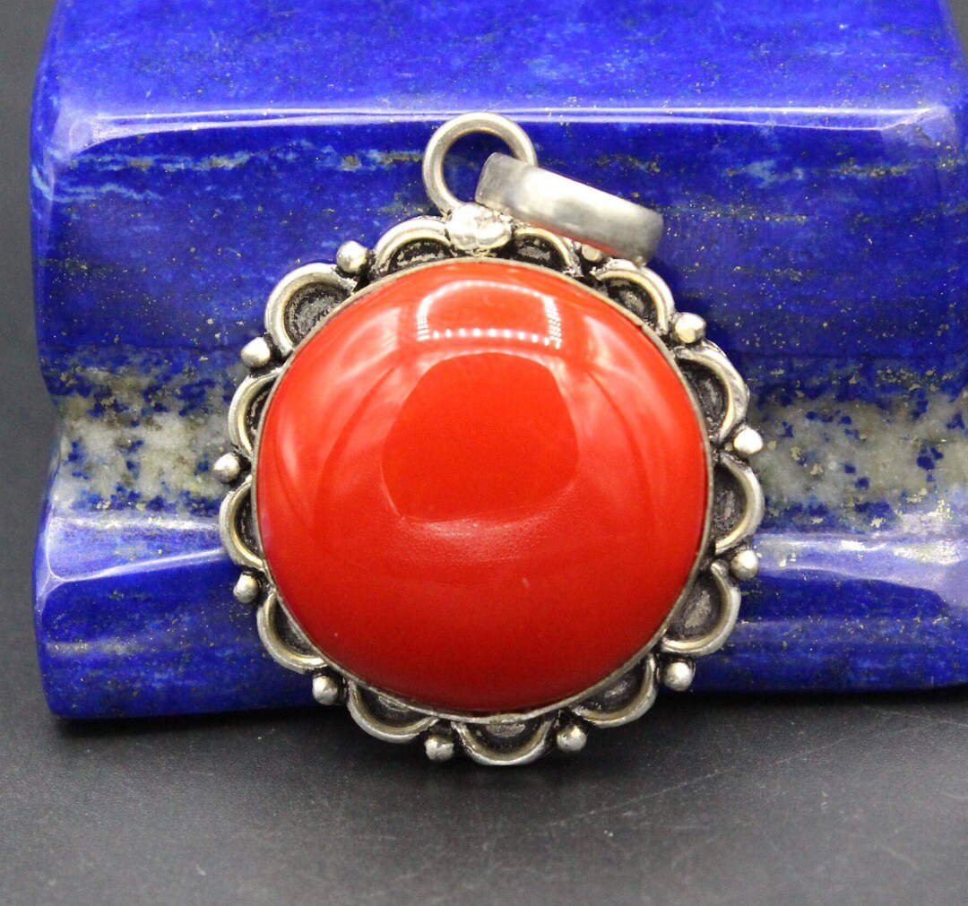 Turkmen Afghan Alpaka Red Glass Stone Pendant, Round Shape Adorable ...