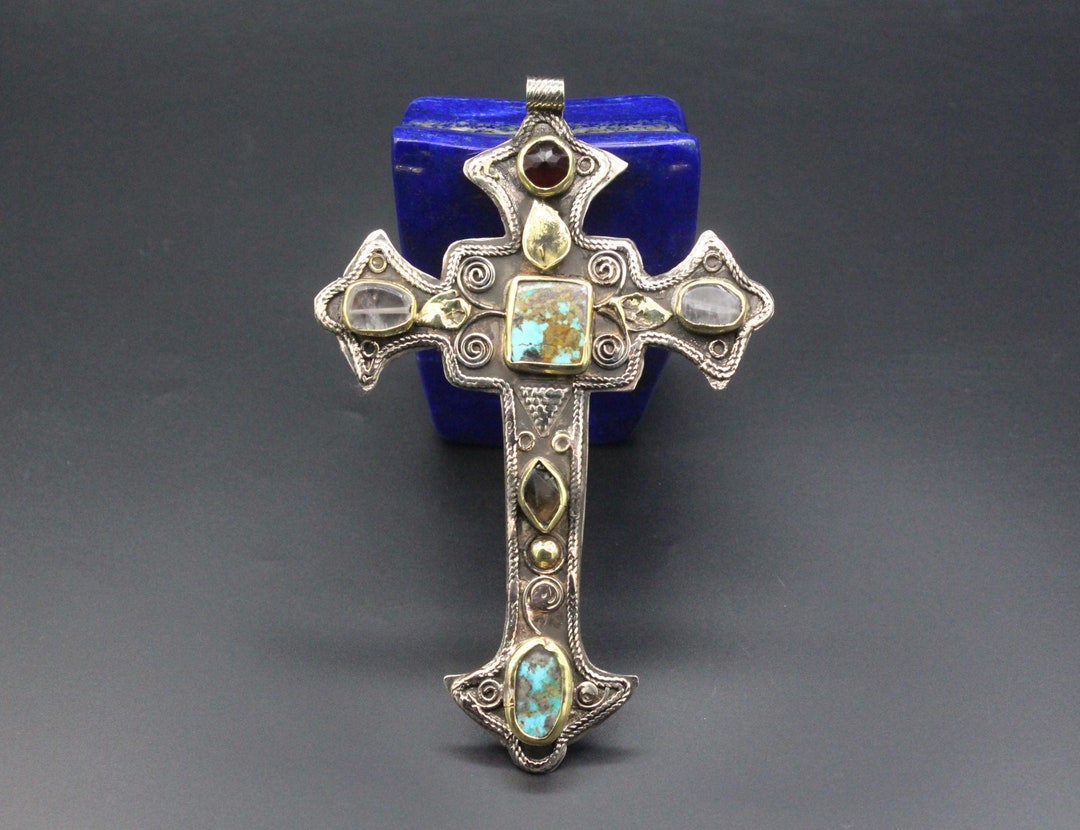 Turkmen Large Cross Pendant, Turquoise Stone Cross Pendant, Colorful ...