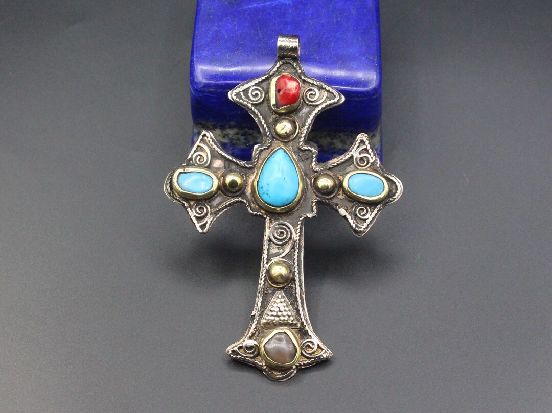 Turkmen Cross Pendant, Turquoise Stone Cross Pendant, Gemstones Beads ...