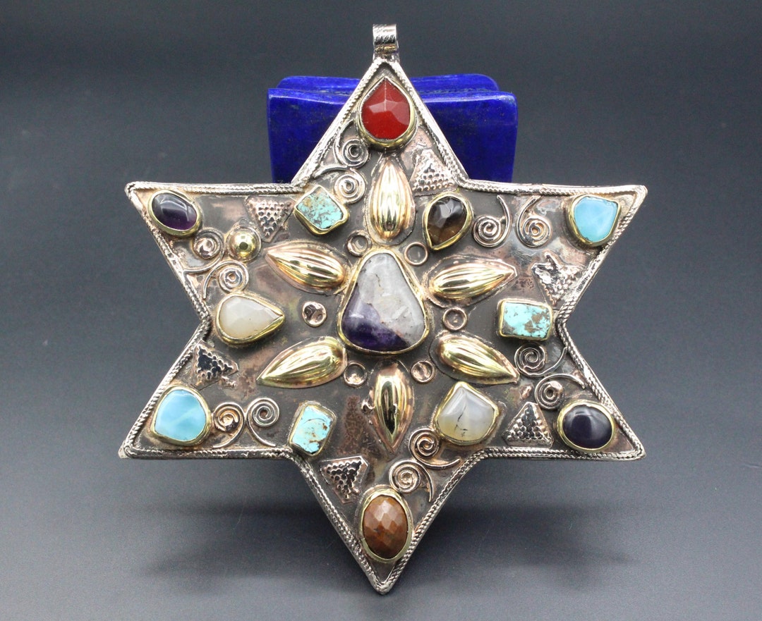 Turkmen Judaica Star Pendant, Amethyst Stones Pendant, Multistones ...