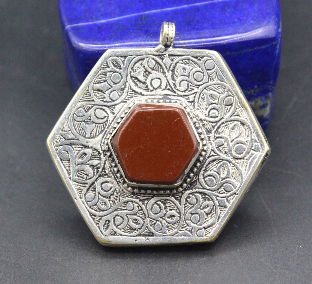 Turkmen Alpaka Round Pendant: Brown Enamel Pendant, Handmade Carved ...