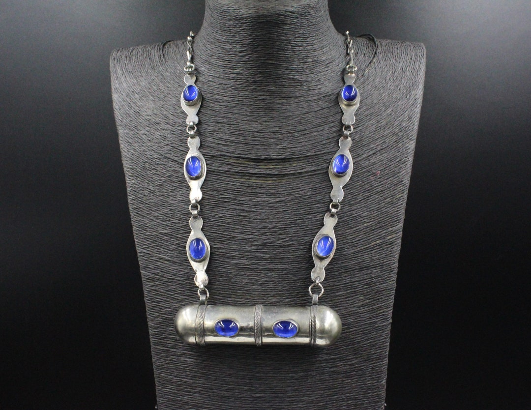 Afghan Tumar Alpaka Necklace, Blue Glass Beads Necklace, Tribal ...