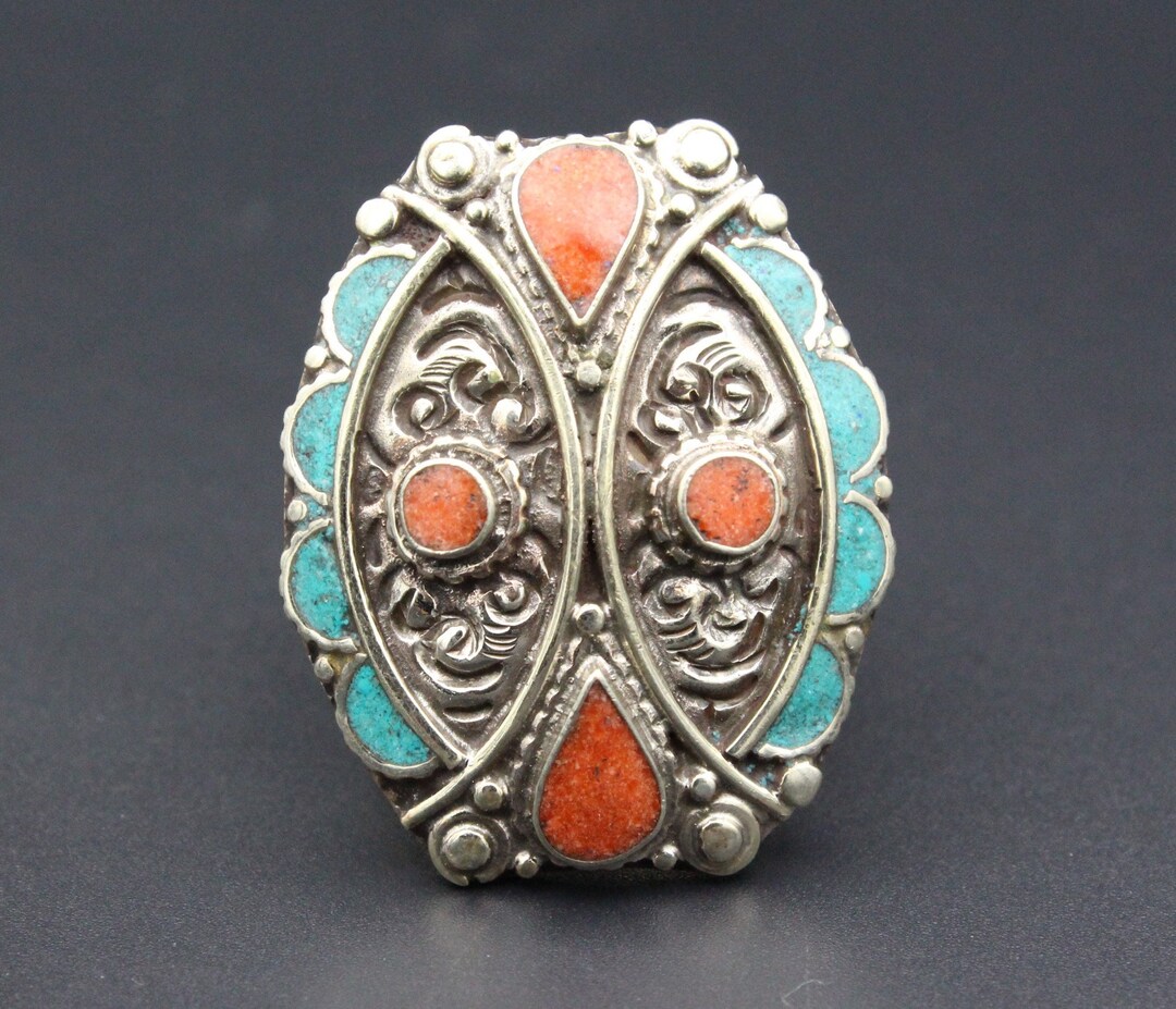 Nepalese Tibetan Ring, Coral & Turquoise Ring, Long Tribal Ring, Ethnic ...