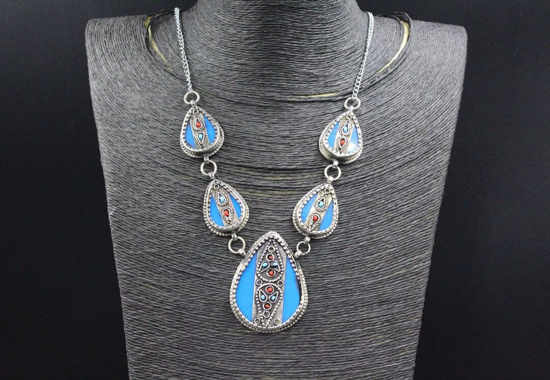 Vintage Uzbek Teardrop Necklace: Sky Blue Glass Beads, Tribal Charm - Etsy