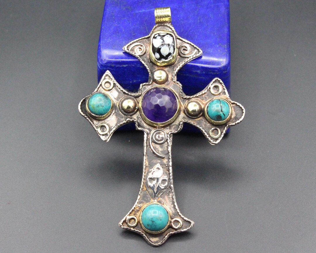 Turkmen Cross Pendant, Partial Gold Wash Long Cross Pendant, Amethyst ...