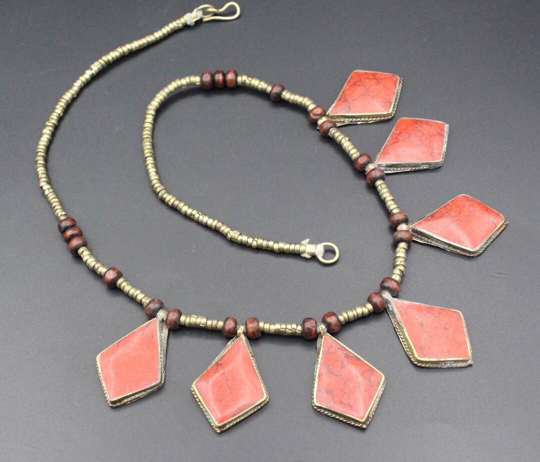 Vintage Afghan Alpaka Red Enamel Necklace, Fabric Tassels Necklace ...