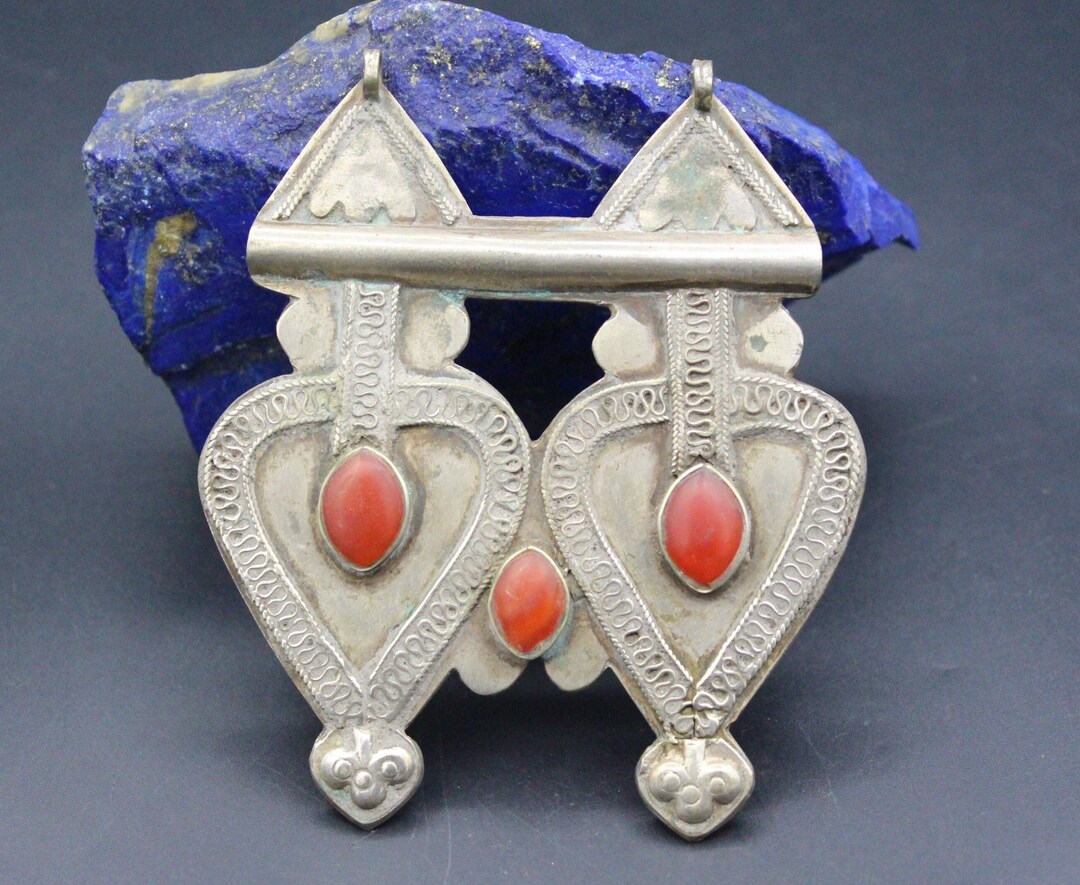 Vintage Turkmen Silver Carnelian Double Heart Pendant: Ethnic Jewelry ...