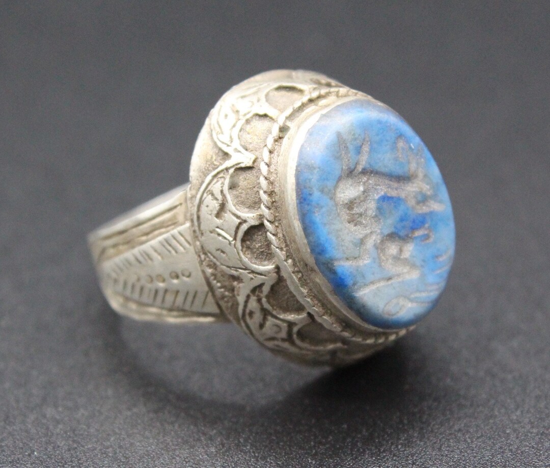 Afghan Silver Mughal Ring, Animal Deer Intaglio Ring, Lapis Lazuli ...