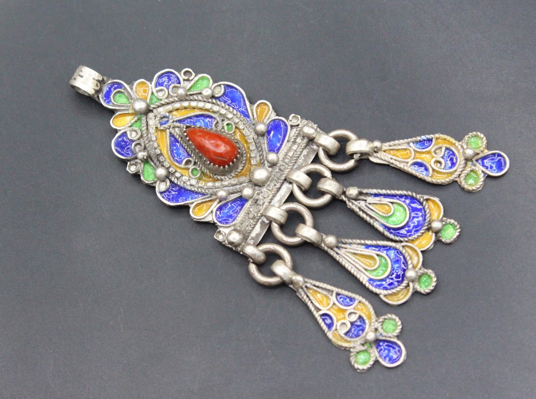 Vintage Moroccan Sterling Silver Pendant: Coral & Enamel Tassels - Etsy