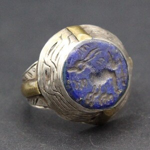 Afghan Silver Mughal Ring, Animal Deer Intaglio Ring, Lapis Lazuli ...
